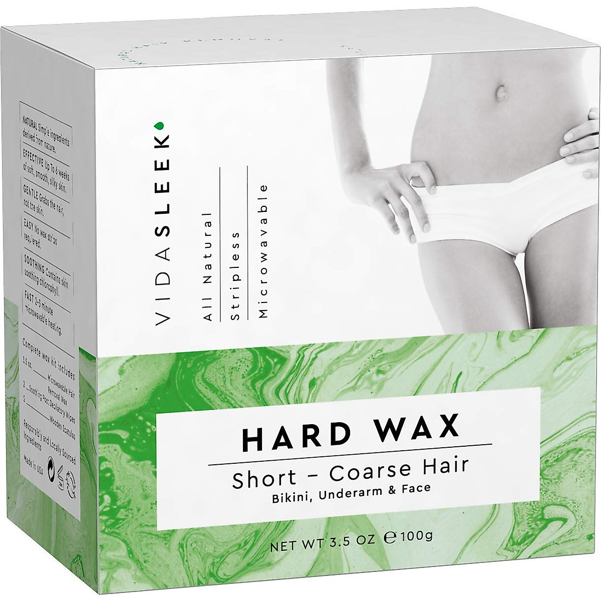 VidaSleek Hard Wax Kit: Wax Kit for Coarse Hair - At Home Waxing Kit With Hard Wax for Face, Underarms, Bikini - Microwavable, Stripless, All Natural, Plant-based Chlorophyll