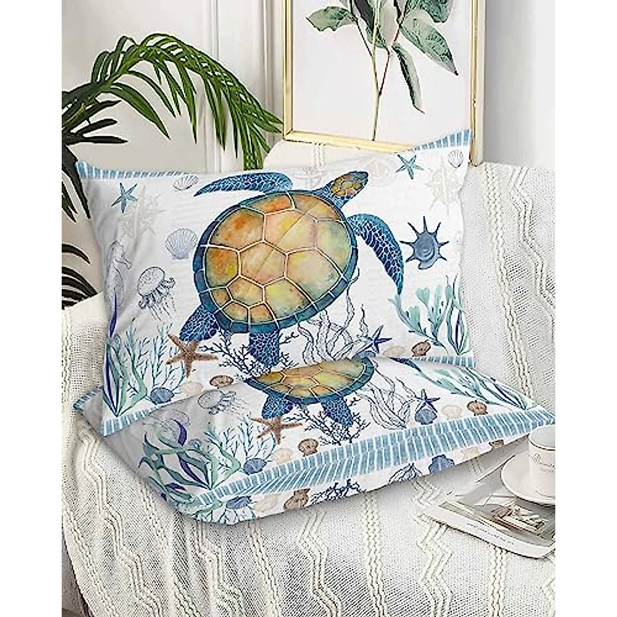 Edwiinsa Ocean Turtle Pillow Covers Standard Size Set of 2 20x26 Bed Pillow, Beach Nautical Coastal Blue Starfish Shell Coral Plush Soft Comfort for Hair/Skin Cooling Pillowcases with Envelop Closure