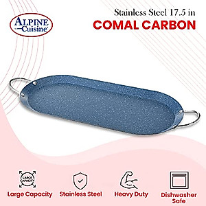 Alpine Cuisine Oval Comal Griddle 17.5x8in Nonstick Coating Blue with Durable Double Handle - Durable, Heavy Duty Comal for Cooking - Even-Heating
