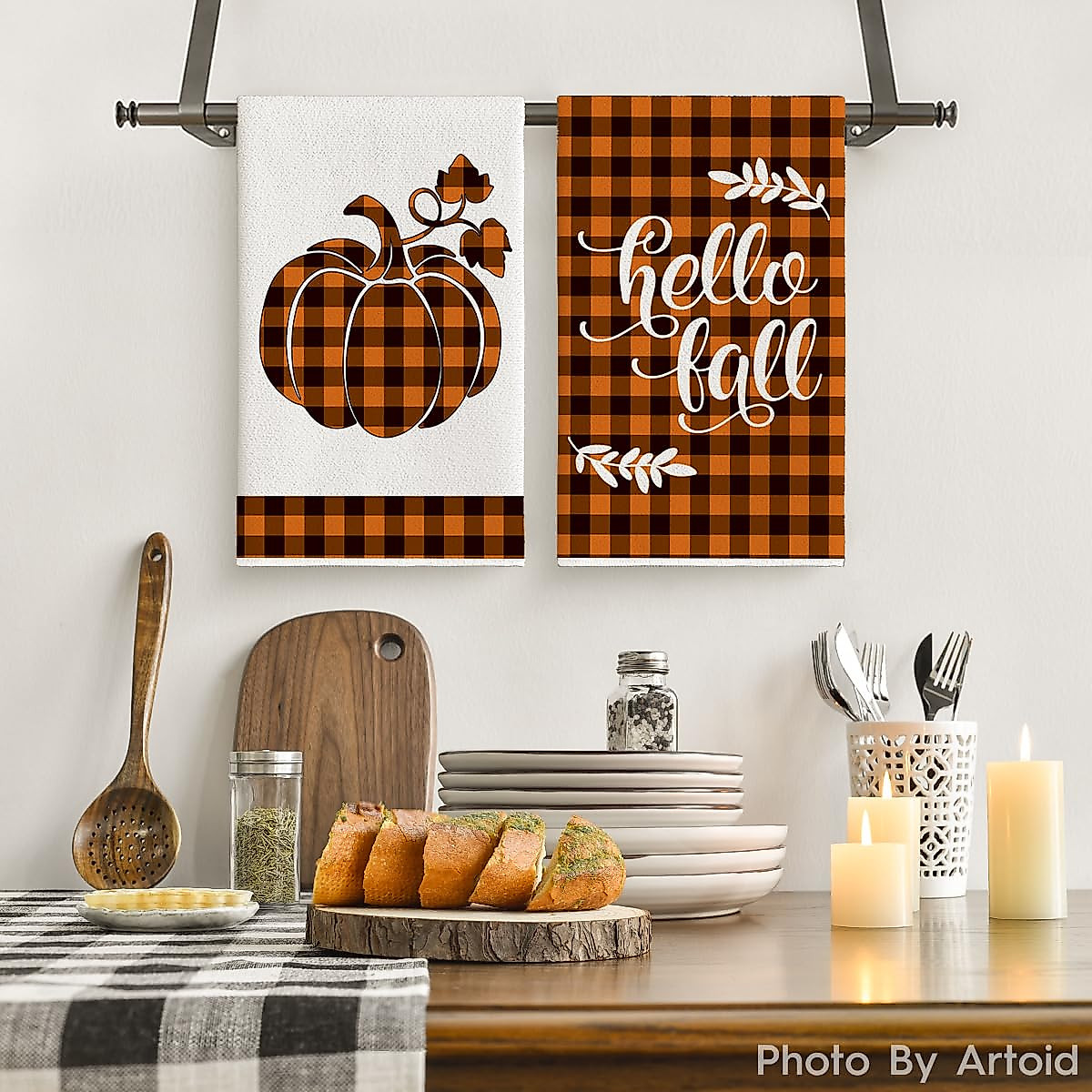 Artoid Mode Buffalo Plaid Pumpkin Hello Fall Kitchen Towels Dish Towels, 18x26 Inch Eucalyptus Leaves Decoration Hand Towels Set of 2