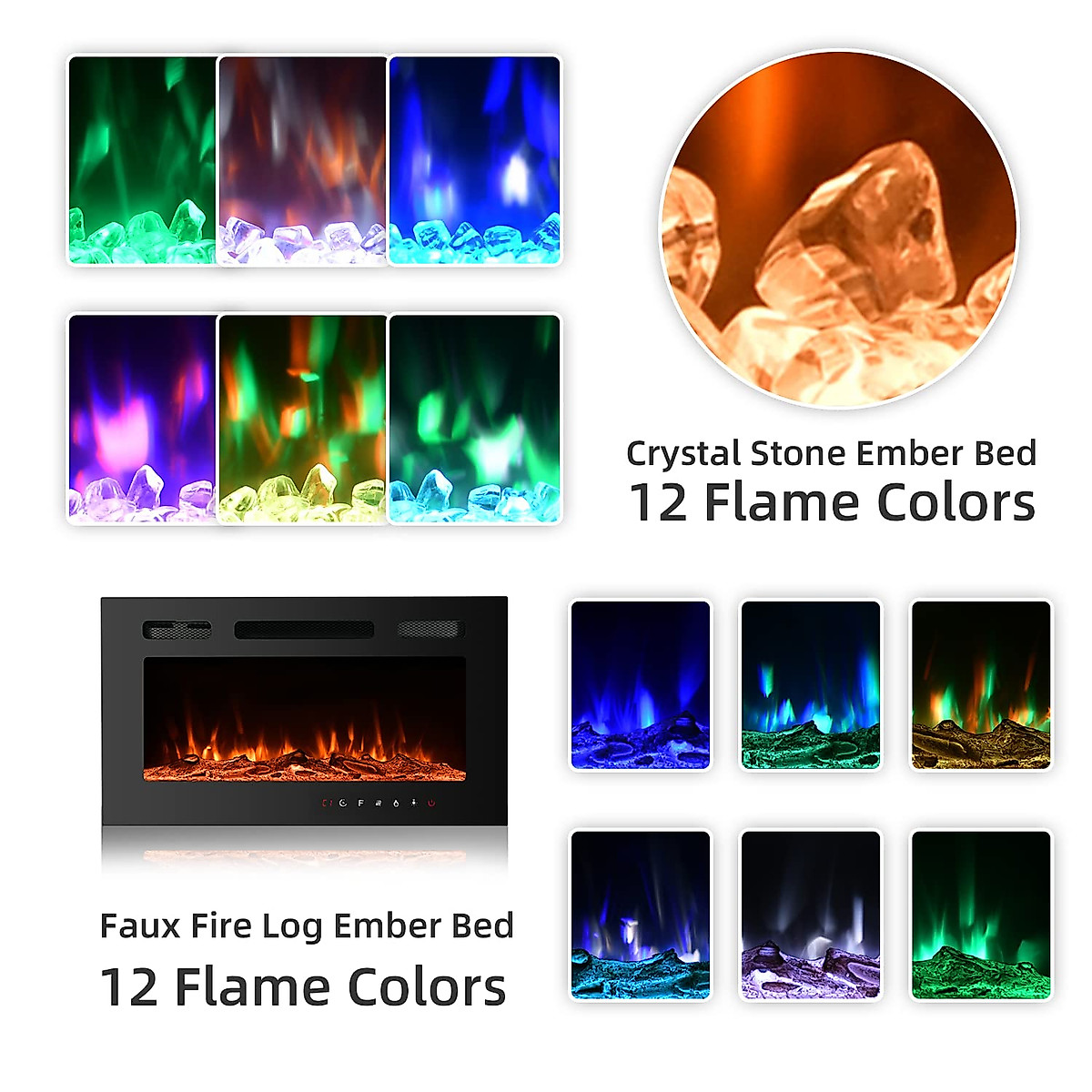 EROMMY 70'' Fireplace TV Stand with 36'' Electric Fireplace, Entertainment Center with 16 Color Led Lights and 12 Flame Fireplace Insert Heater, TV Console for TVs up to 80'' for Living Room, Black