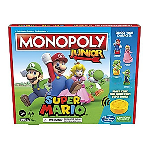 Monopoly Junior Super Mario Edition Board Game, Fun Kids' Ages 5 and Up, Explore The Mushroom Kingdom as Mario, Peach, Yoshi, or Luigi (Amazon Exclusive)