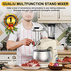 GUALIU 7-IN-1 Stand Mixer, 6+P Speeds Kitchen Electric Mixer, 5.3QT Stainless Steel Bowl Mixer With Dough Hook, Whisk, Beater, Meat Grinder, Blender, Multifunctional Household Kitchen Mixer