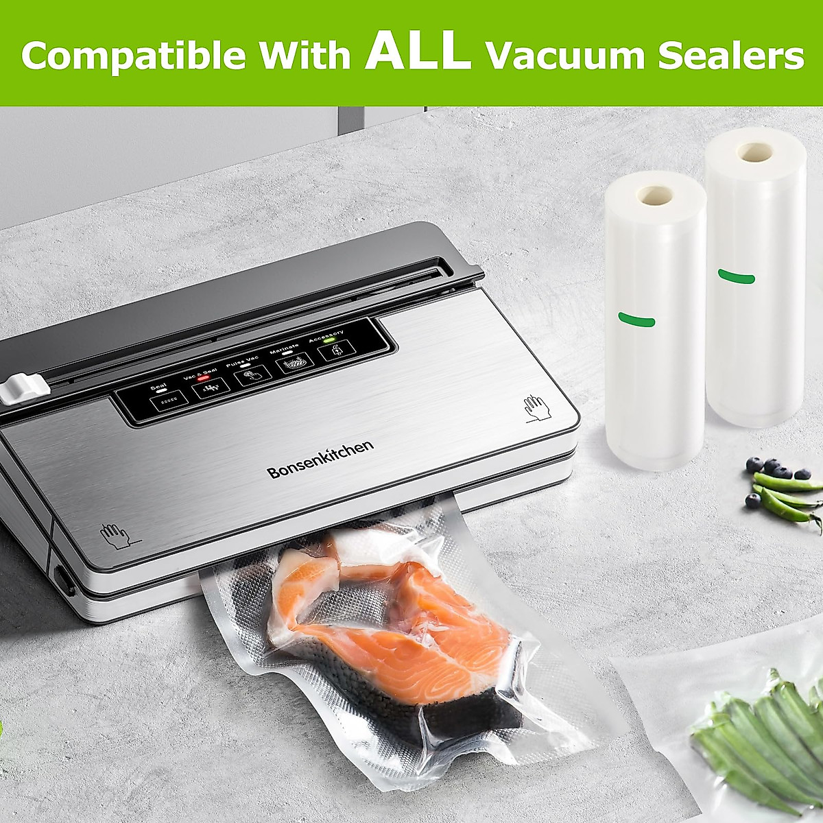 Bonsenkitchen Vacuum Sealer Bags Rolls, 11 in x 50 ft Rolls 2 pack Durable Food Sealer Bags, Commercial Grade, Heavy Duty, BPA Free, Seal a Meal, Great for Food Storage & Sous Vide Cooking, VB24