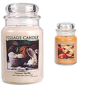 Village Candle Coconut Vanilla Large Glass Apothecary Jar Scented Candle, 21.25 oz, White & Warm Apple Pie Large Glass Apothecary Jar Scented Candle, 21.25 oz, Brown