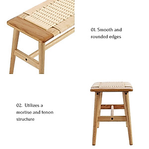 Vadisun 100% Solid Oak Wood Bench,Hand Woven Chair Surface Design,Solid Structure of Chair Legs,Bedroom Bench/Entryway Bench/Dining Bench (Original Wood,31.49”*11.81”*15.98”)