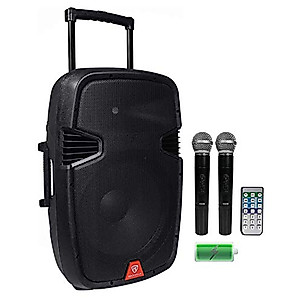 Rockville 15" Rechargable Powered 800W PA DJ Speaker, 2 Mics, Bluetooth (RAM15BT V2)