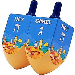 The Dreidel Company Extra Large Jerusalem Wood Dreidels, Let's Play Dreidel The Hanukkah Game, Instructions Included (2-Pack)