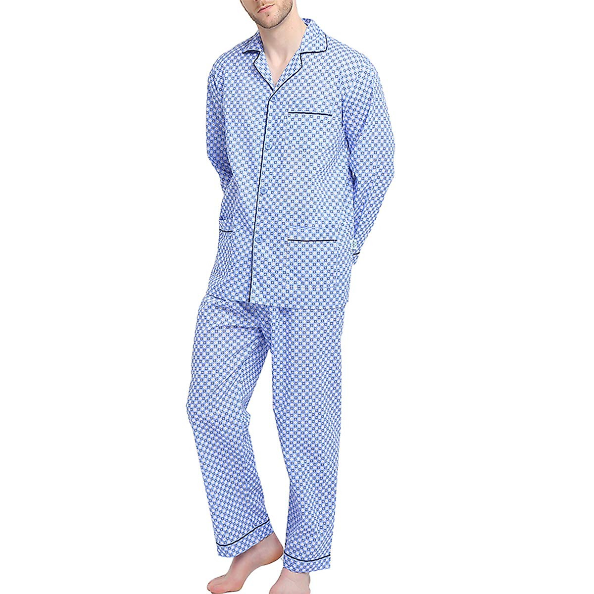 GLOBAL Mens Pajamas Set, 100% Cotton Woven Drawstring Sleepwear Set with Top and Pants/Bottoms
