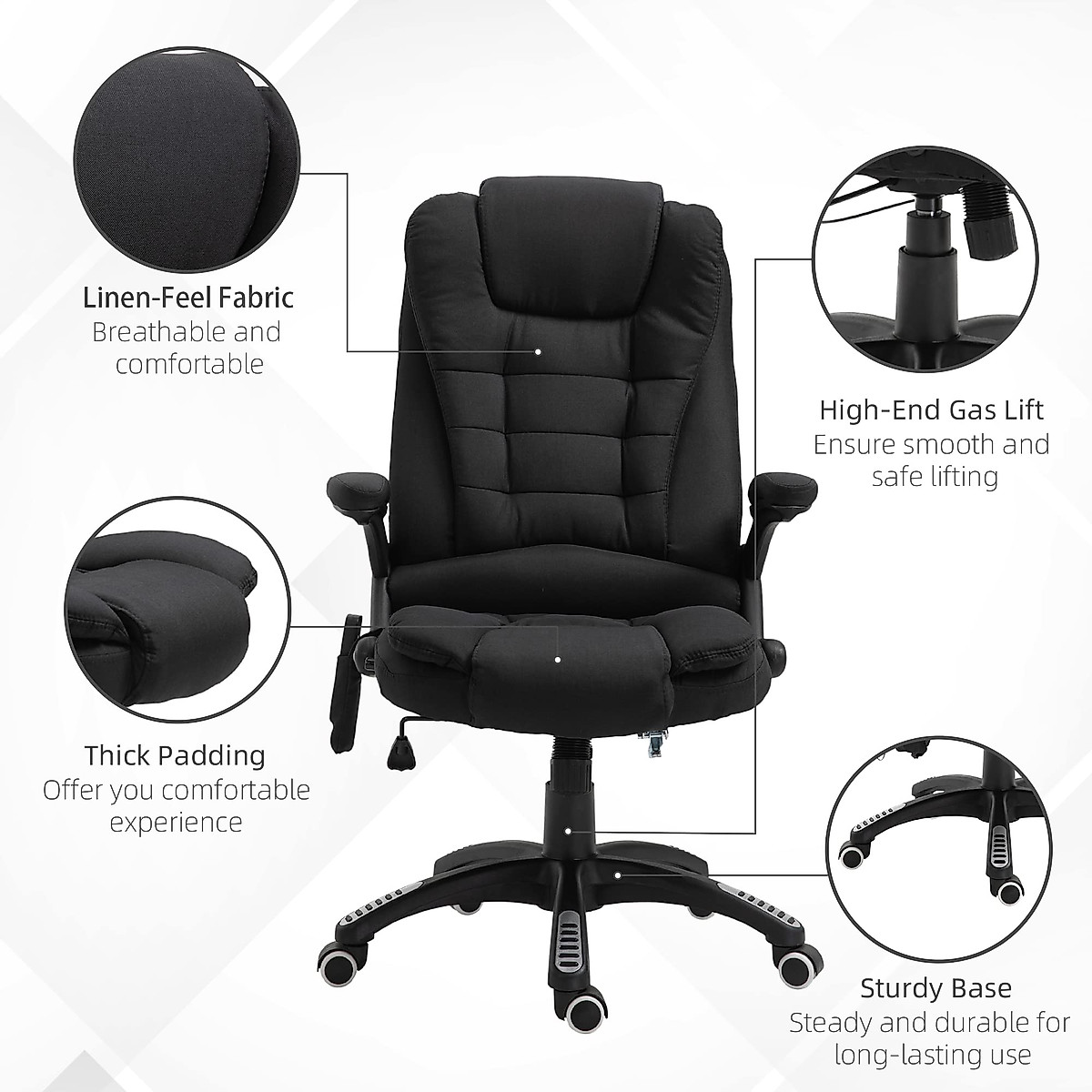 Vinsetto 6 Point Vibration Massage Office Chair with Heat, High Back Executive Office Chair with Padded Armrests, Linen Reclining Computer Chair, Black