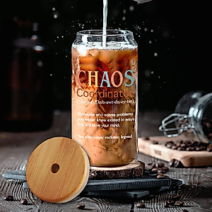 Chaos Coordinator Gifts For Women - 16oz Chaos Coordinator Glass Cup With Lid And Straw - Drinking Glasses Tumbler Gifts For Her - Thank You Gift For Coworker, Teacher, Boss Lady
