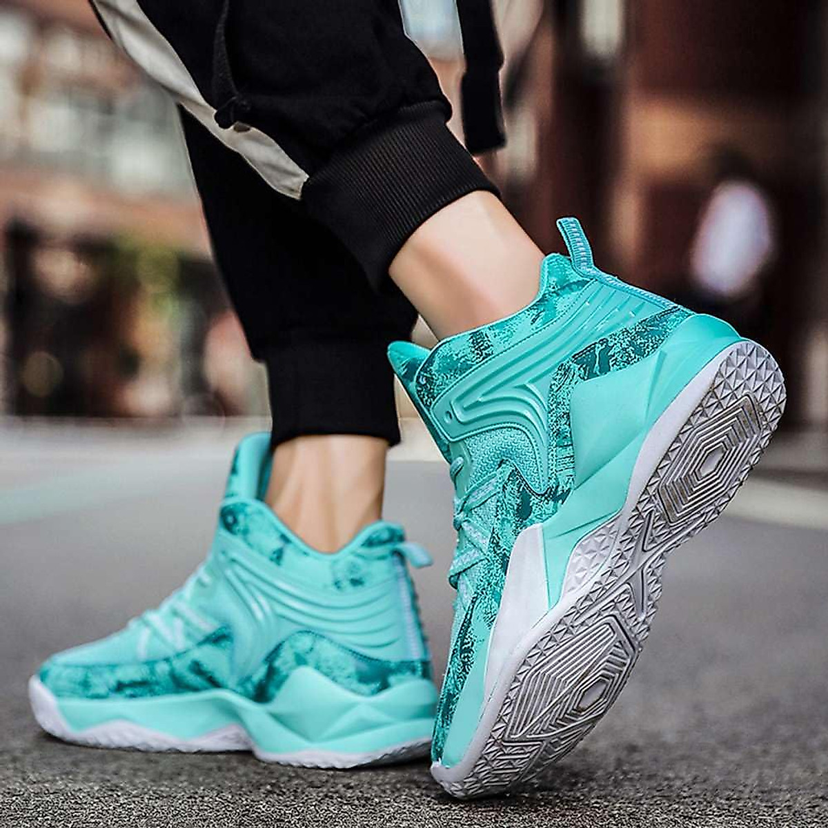 WELRUNG Unisex's High Top Lightweight Fly-weaving Running Jogging Sneakers Sports Tennis Basketball Shoes Green 9.5/8 US