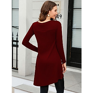 KORSIS Dresses for Women Wine Red Small Long Sleeve Round Neck Casual Button Side T Shirts Loose Fitting Sweater Jumper Fall Winter Christmas Tunic Dress