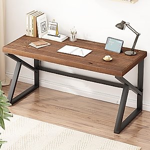 IBF Solid Real Wood Computer Desk, 60” Rustic Natural Real Wood Home Office Desk, Industrial Real Wood Writing Desk for Living Room, Metal Wooden Executive Workstation Computer Table, Brown, 60 Inch