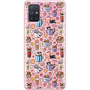 Generic Slim TPU Phone Case Compatible with Samsung Galaxy A72 A71 5G A70 A51 A32 A21 A11 A12 A01 Durable Kittens Cute Clear Soft Protective Shockproof Paws Kawaii Cover Cats Silicone Pet Coffee Cups