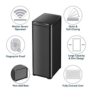 CozyBlock Automatic Trash Can for Kitchen, Black Steel Touchless Motion Sensor Bin, Wide Opening Soft Close Lid, LED Countdown Timer (13 Gallon- Slim Design)