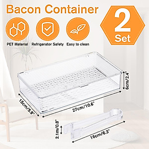 Gandeer 4 Pack Bacon Container for Refrigerator with 2 Acrylic Food Servings Tongs and Drain Plates for Fridge Bacon Holder Deli Meat Cheese Keeper Safe Long Kitchen Food Storage Containers with Lids