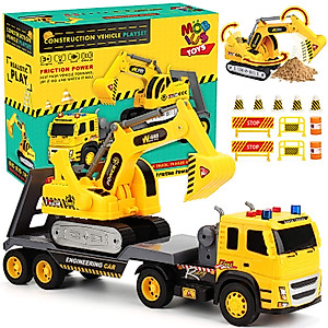 1:12 Scale Push and Go Excavator Flatbed Toy Truck for Kids - With Lights & Sounds