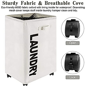ARyee 22" Pro Rolling Laundry Basket, Large Laundry Hamper with Wheels, Foldable Dirty Clothes Hamper Mesh Cover Laundry Storage Cart with Handle, for Bedroom Bathroom Dorm Room (white)