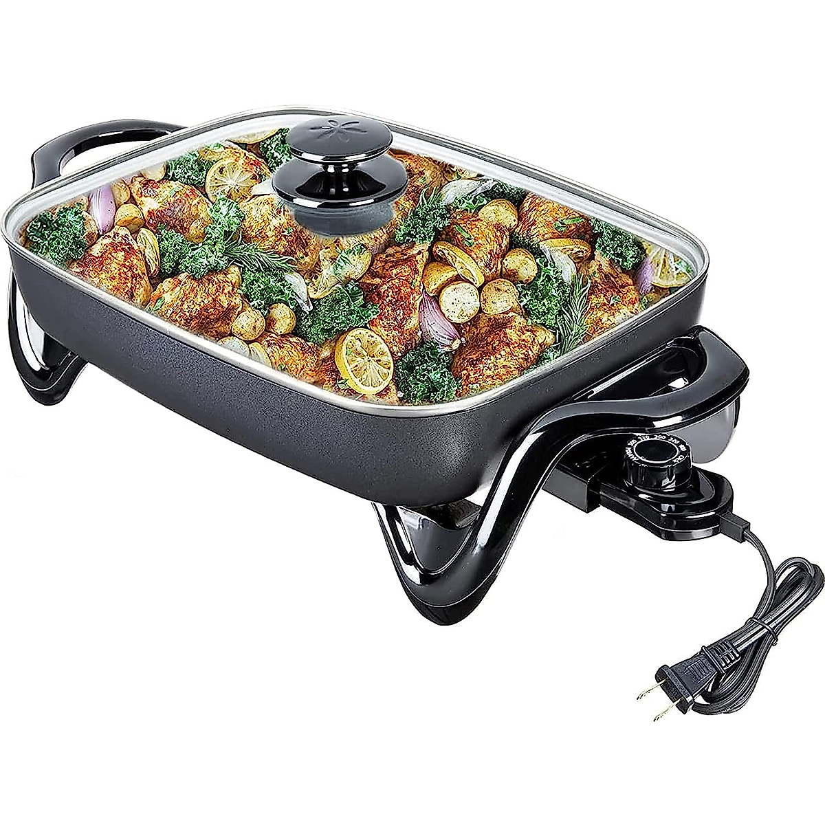 16-Inch Large Electric Skillet Nonstick with Glass Lid, Serves 6 to 8 People (10-Quart), Frying Pan for Roast, Bake,Stew, Adjustable Temperature Control, Black