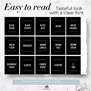 180 Preprinted Pantry Labels, Prefdo Waterproof Minimalist Food Label Stickers Set to Kitchen Organization Storage Containers, Jars & Canisters（Black）