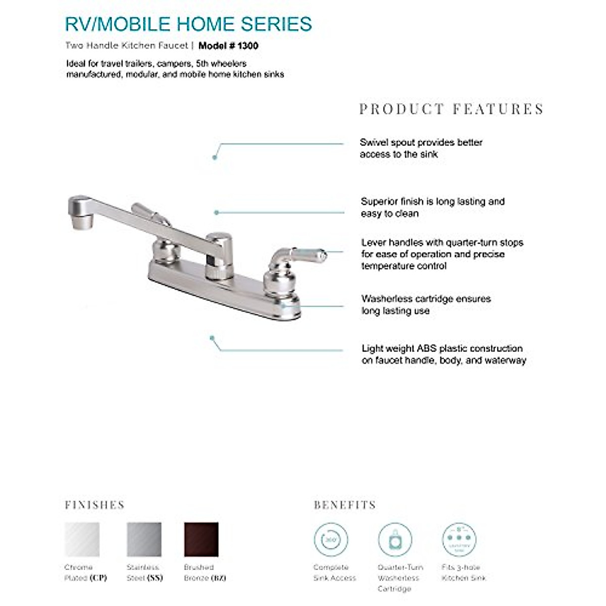 Laguna Brass 1300CP RV Mobile Home Non-Metallic Swivel Kitchen Sink Faucet Chrome Finish