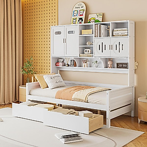 Merax Twin Size Wooden Daybed with 2 Drawers & Bookcase Headboard, and All-in-One Storage Cabinet and Shelf, White