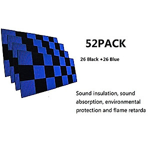 YDHTDLHC 52 Pack sound proof foam panels for walls studio equipment foam 12 ″; X12”；X1〃； Sound insulation cotton, suitable for churches, anchor rooms, karaoke halls, and home theaters (Black/Blue)