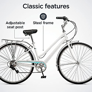 Schwinn Wayfarer Adult Hybrid Bike, Mens and Womens, 17-Inch/Small Steel Step-Through Frame, 7-Speed Drivetrain, Rear Rack, 700C Wheels, White