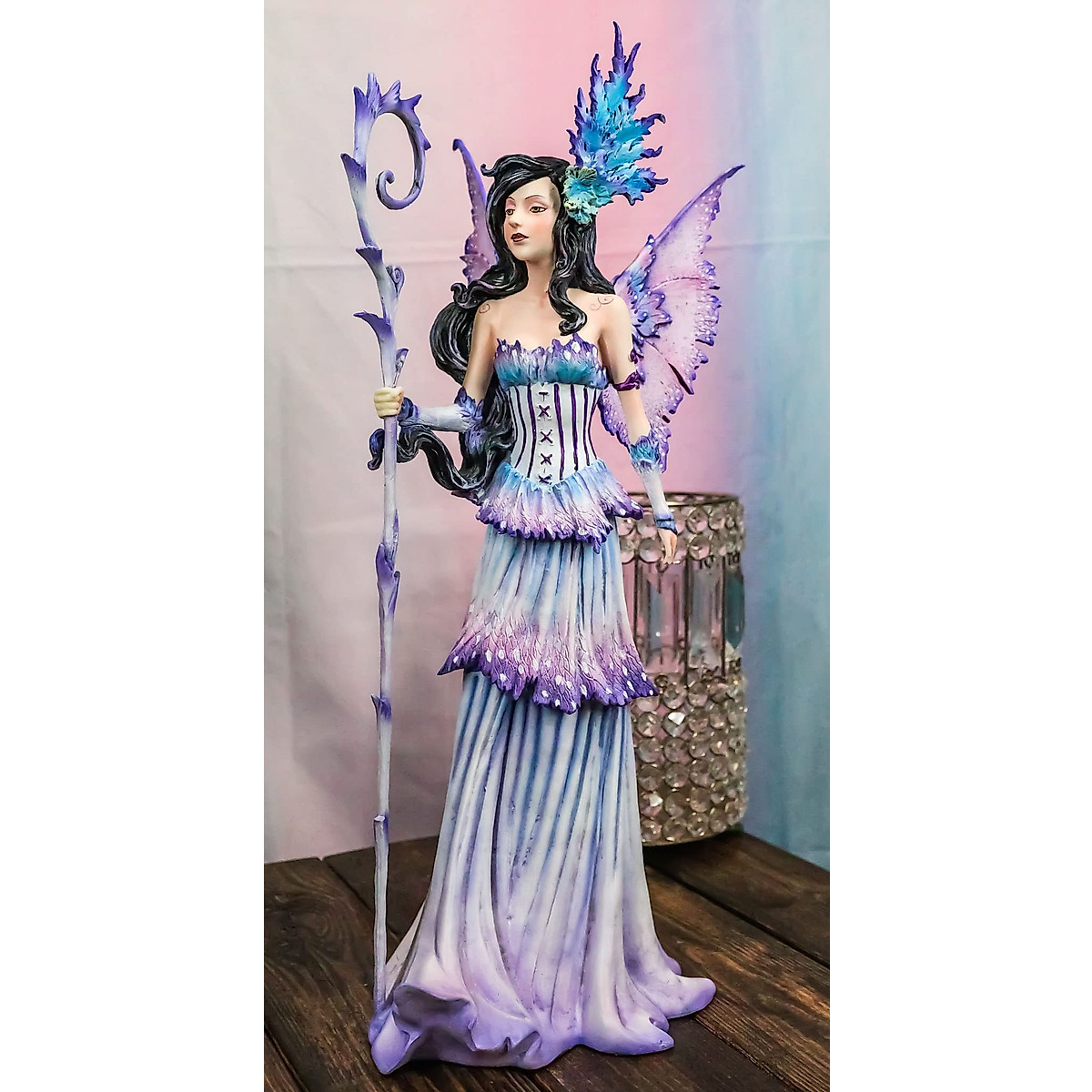 Ebros Large Amy Brown Spring Season Purple Lavender Fairy Holding Curling Magical Staff Statue 17.75" Tall Fantasy Mythical Faery Garden Magic Collectible Figurine Fairies Pixies Nymphs Decor