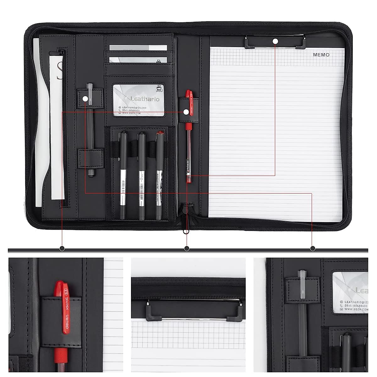 Leathario Portfolio Business Folder Padfolio A4 Writing Pad Document Organizer for Men Women Office Conference Notepad Clip Boards