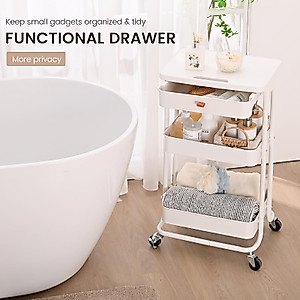 TOOLF Rolling Storage Cart with Drawer & Table Top, 3 Tier Metal Rolling Utility Cart, White Rolling Cart Organizer for Teacher Craft Baby Nursery, Utility Cart for Kitchen Bathroom Bedside Office