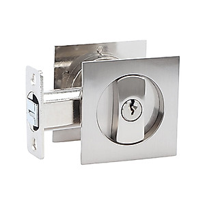 LWZH Brushed Silver Privacy Pocket Door Lock with Keys,Square Sliding Barn Door Lock Latch,Invisible Recessed Door Lock for 1 3/8” to 2 3/16” Thickness Door