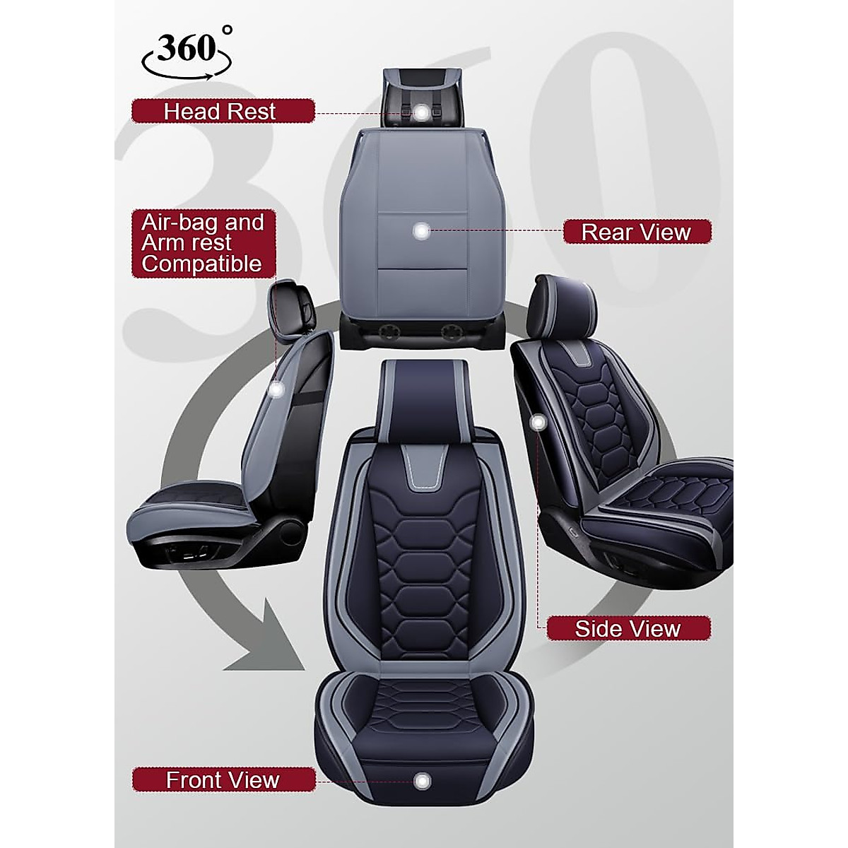 OASIS AUTO Car Seat Covers Premium Waterproof Faux Leather Cushion Universal Accessories Fit SUV Truck Sedan Automotive Vehicle Auto Interior Protector Full Set (OS-004 Black&Gray)