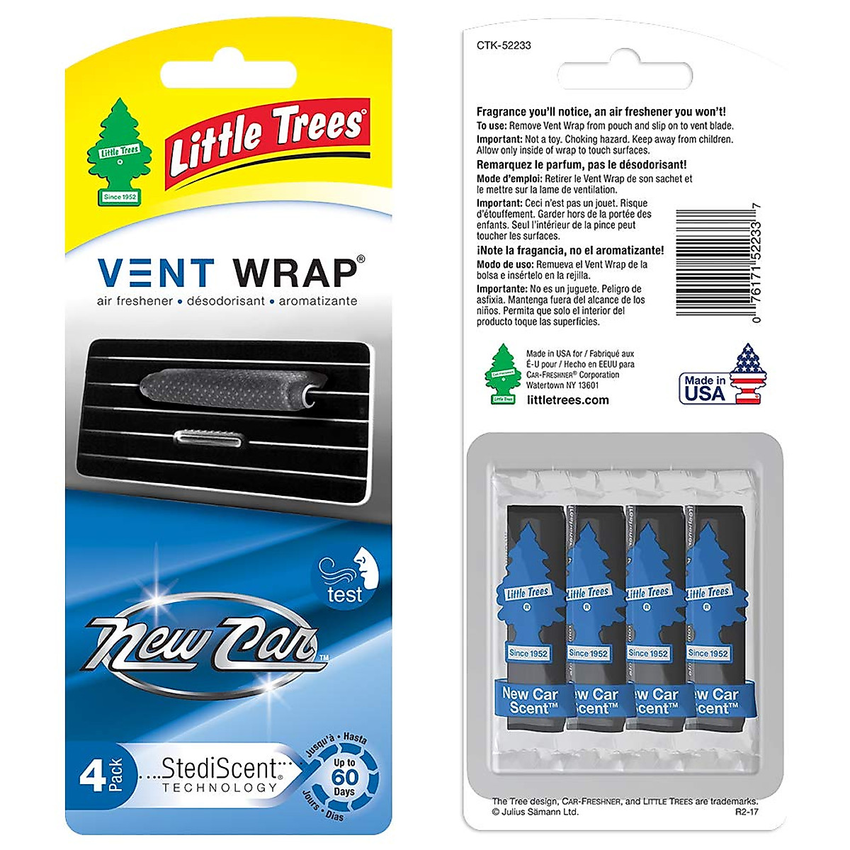 Little Trees Car Air Freshener | Vent Wrap Provides Long-Lasting Scent, Invisibly Fresh! | New Car Scent, 16 count, (4) 4-Packs