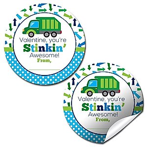Garbage Truck Vehicle-Themed Valentine Party Favor Sticker Labels, 40 2" Party Circle Stickers by AmandaCreation, Great for Classroom Valentines, Envelope Seals, Gifts & Treats