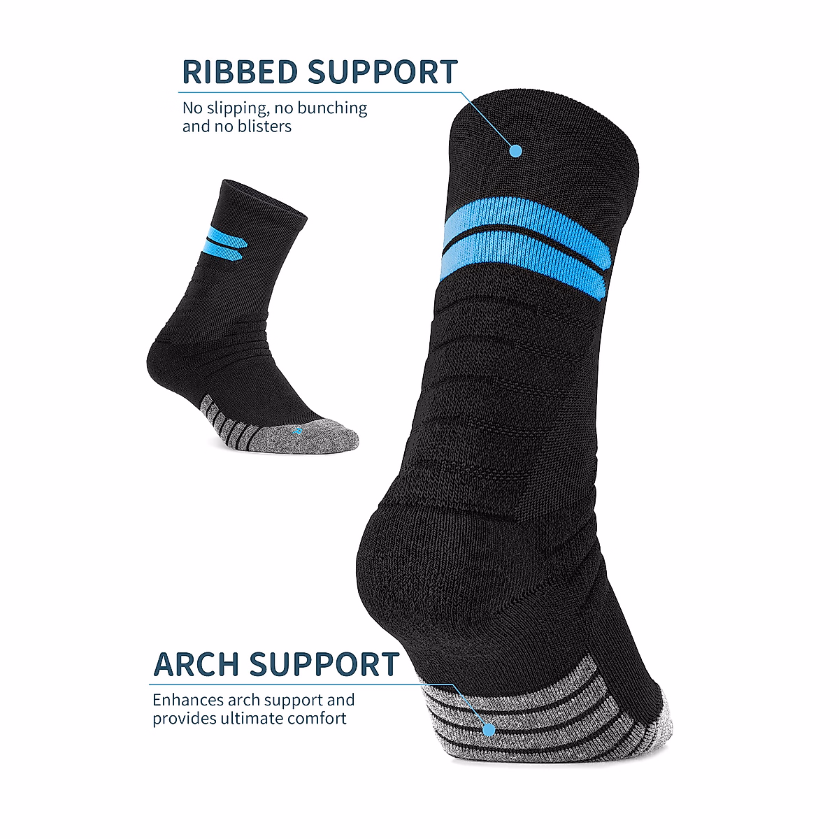 AKASO Crew Athletic Running Coolmax Socks, Anti-Odor Moisture Wicking Anti-Blister Seamless Socks for Hiking Men and Women (2 Pairs) (Black M)