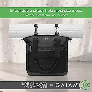 Gaiam Breakaway Yoga Tote Bag - Gym and Travel Essentials Bag with Multiple Zippered Pockets, Padded Laptop Compartment, Yoga Mat Straps, and Adjustable Shoulder Strap - Black, 15"x13"x3.5"