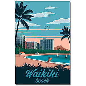 Waikiki Honolulu Hawaii Vintage Travel Art Refrigerator Magnet Size 2.5" x 3.7"
