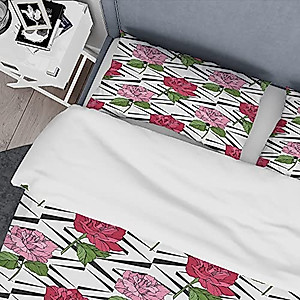 DESIGN ART Designart 'Retro Pink and Red Roses' Mid-Century Duvet Cover Set Twin Cover + 1 sham (Comforter not Included) 2 Piece