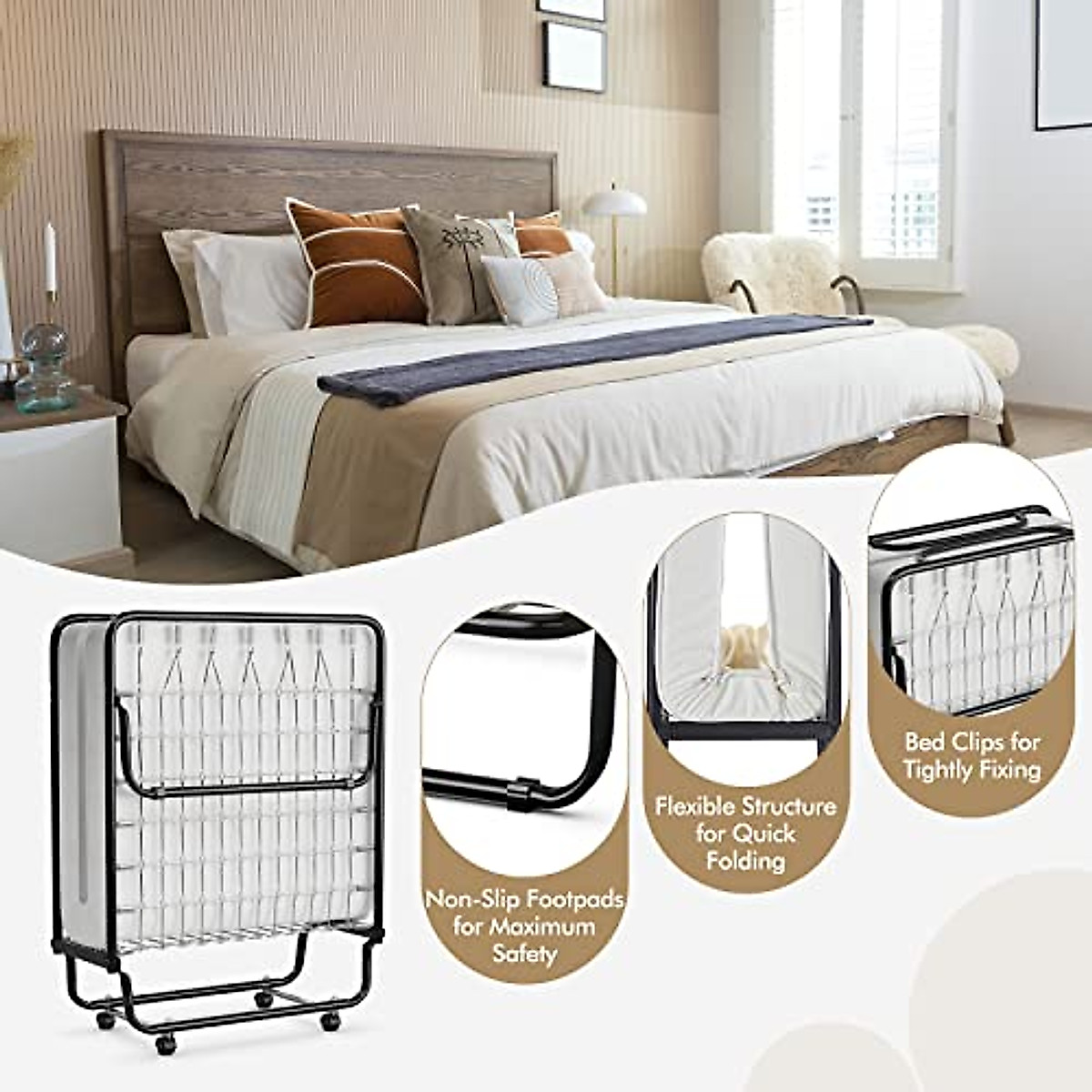 RELAX4LIFE Folding Bed with Mattress Memory Foam, Foldable Bed w/Sturdy U-Shaped Metal Bed Frame, 4 Universal Wheels, Portable Guest Bed, Easy Storage, Cot-Size Rollaway Single Bed, Made in Italy