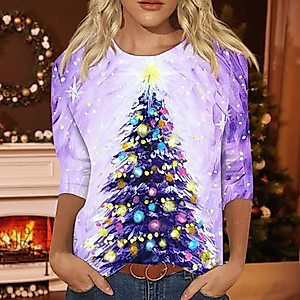 Christmas Shirts for Women Womens Christmas Shirts 2023 Fashion 3/4 Sleeve Tops O-Neck Print T-Shirts Casual Blouses Christmas Tops for Women Large Purples