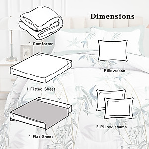 6 Pieces Bed in a Bag Twin Comforter Set with Sheets, Green Leaves on White Botanical Design Bedding Sets for Kids (1 Comforter, 2 Pillow Shams, 1 Flat Sheet, 1 Fitted Sheet, 1 Pillowcases)