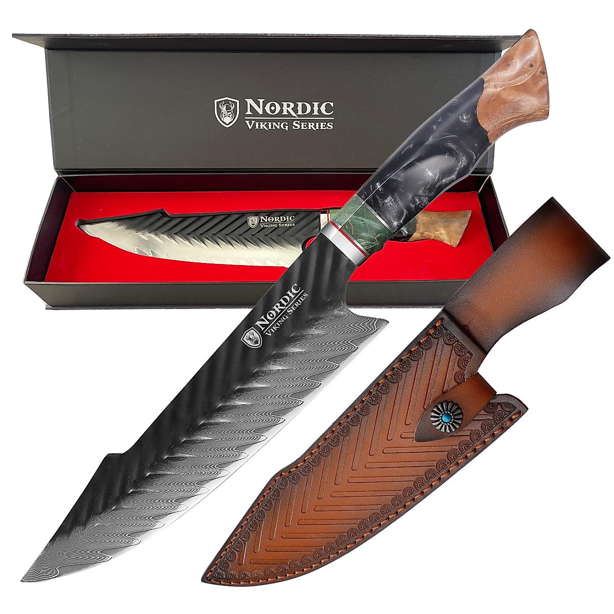 Nordic New Viking Series Professional 8 Inch Chef Knife, Damascus Chef Knife, 67 Layers, Hand Forged Chef Knife with Resin and Maple Wood Handle and Leather Sheath