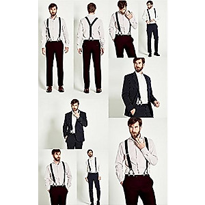 HISDERN Red Bow Tie and Suspenders for Men Paisley Floral 6 Clips Adjustable Braces Y Shape Tuxedo Suspenders & Pocket Square Set