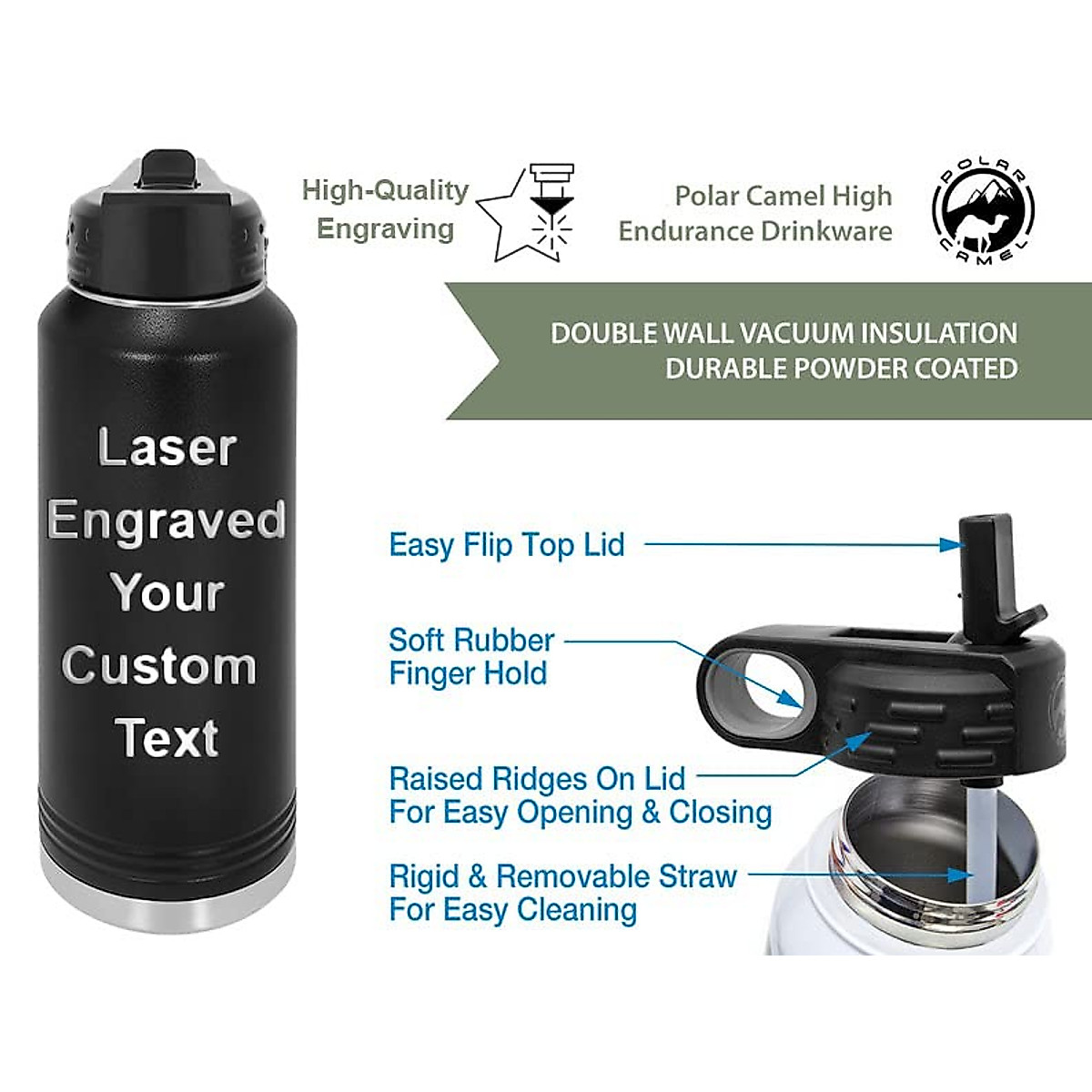 Personalized Water Bottles 32oz with Flip-Top Lid and Straw, Customized Vacuum Insulated Flask, Stainless Steel Sports Double Wall Thermos, Your Logo Name and Text Engraved in USA (Black, 32 oz.)