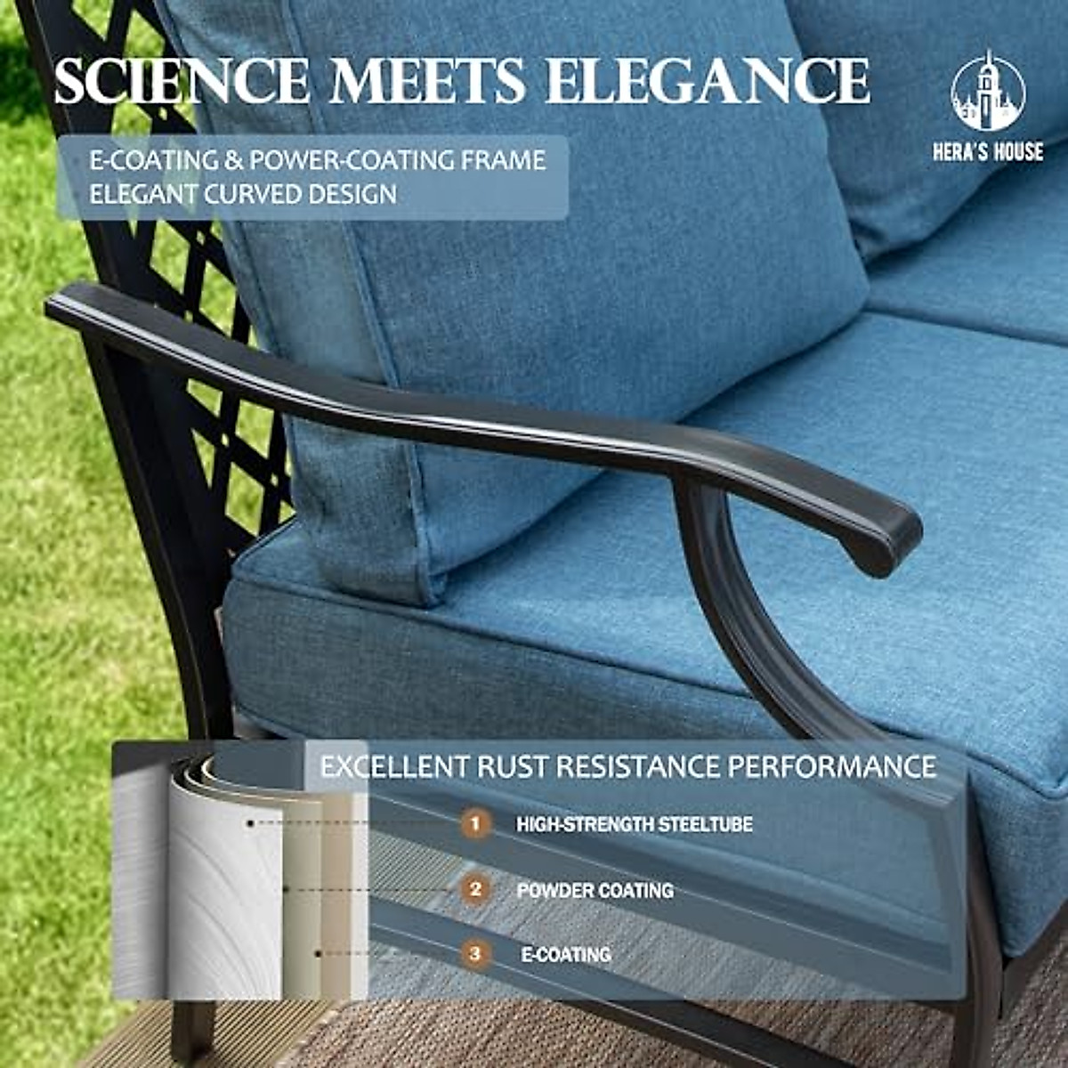 HERA'S HOUSE Patio Furniture Sofa, All-Weather Outdoor 3 Seats Couch, Outdoor Patio Couch with Deep Seating and Olefin Cushions for Lawn Garden Backyard, Navy Blue