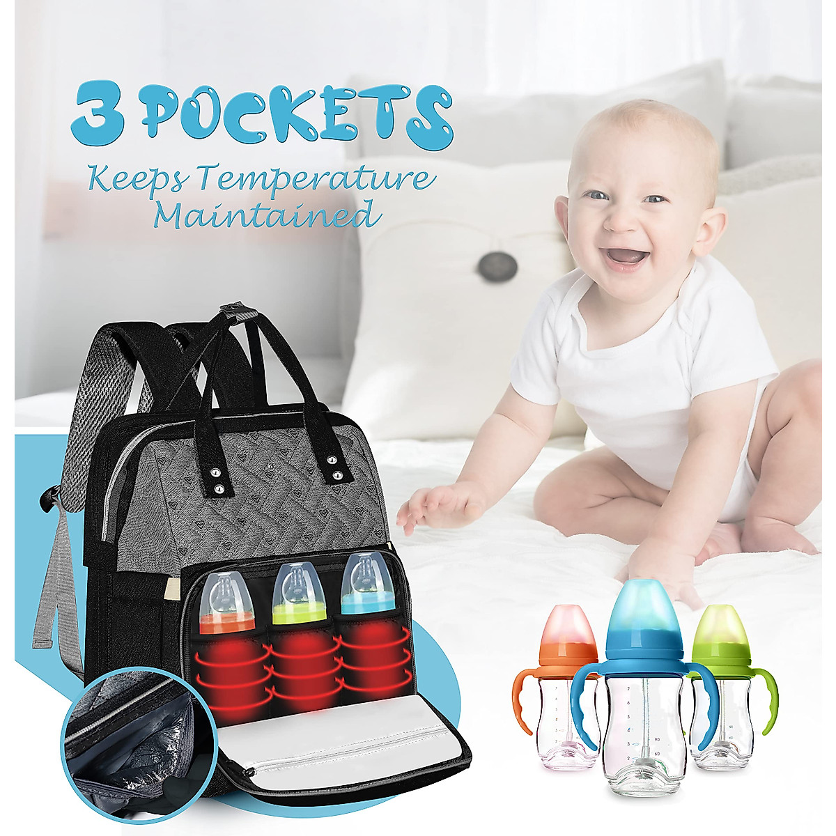 Diaper Bag Backpack, Multifunction Large Travel Backpack with Changing Pad for Moms Dads, Waterproof Diaper Bag, Baby Bag For Boys Girls With USB Charger Pacifier Case, Perfect Baby Gift Bag For Mom