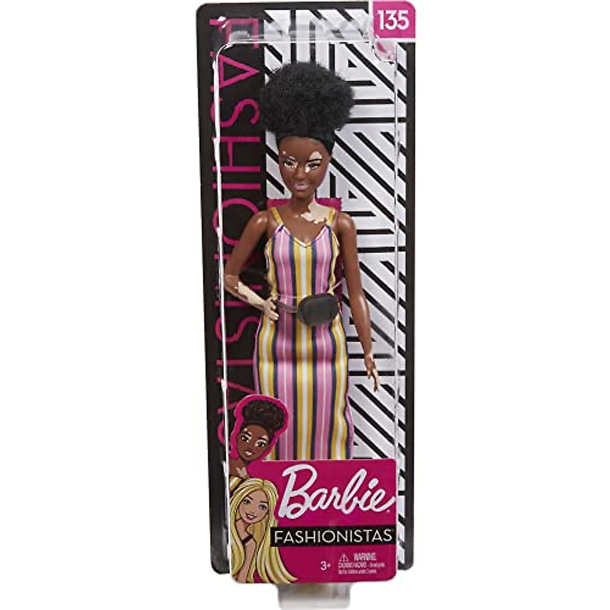 Barbie Fashionistas Doll #135 with Natural Curly Hair and Vitiligo Wearing Striped Dress and Accessories