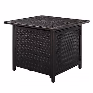 Fire Sense 63694 Cartney Woven Aluminum Convertible Gas Fire Pit Table 37,000 BTU Outdoor Multi-Functional Fire Pit with Fire Bowl Lid, Nylon Weather Cover & Clear Fire Glass - Bronze Finish - Square